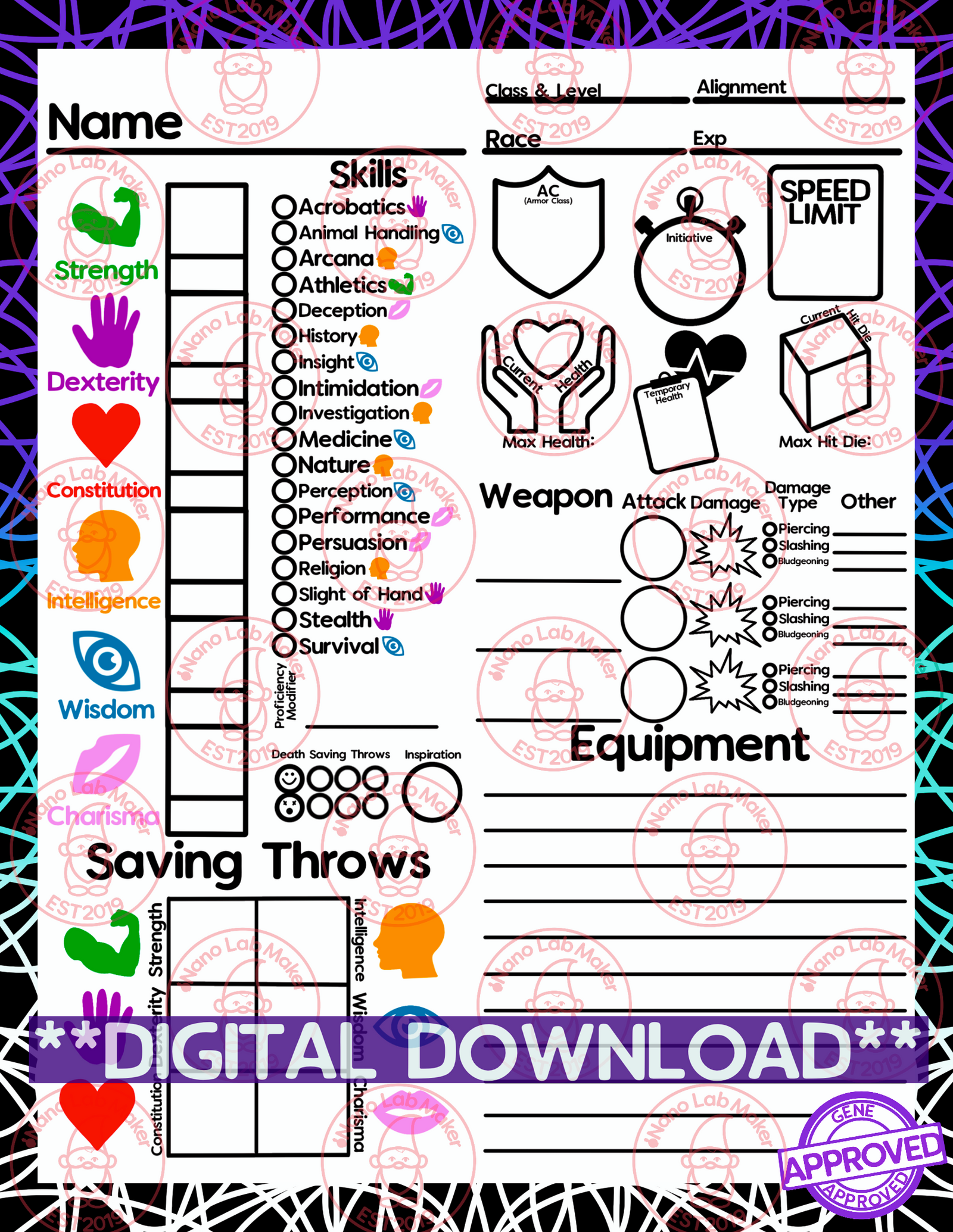 Spiraling Simplified Character Sheet (FREE PRINTABLE PDF) | Nano Lab M ...