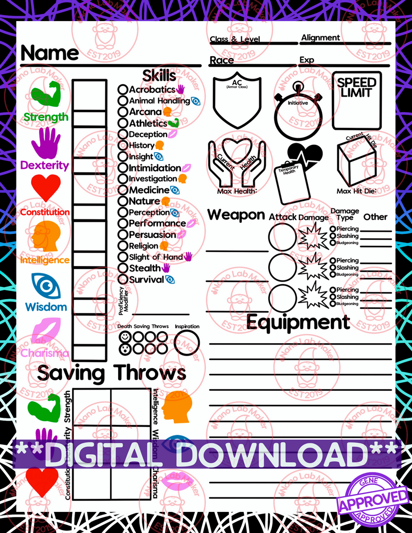 Spiraling Simplified Character Sheet – Nano Lab Maker