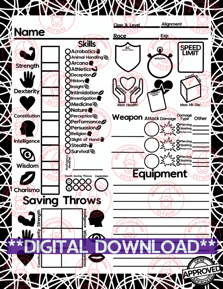 Spiraling Simplified Character Sheet – Nano Lab Maker